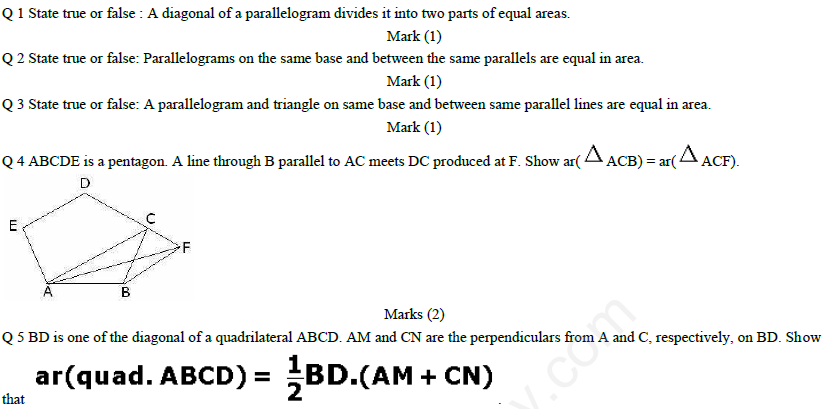 CBSE Class 9 Mathematics Area of Parallelograms and Triangles Assignment Set A